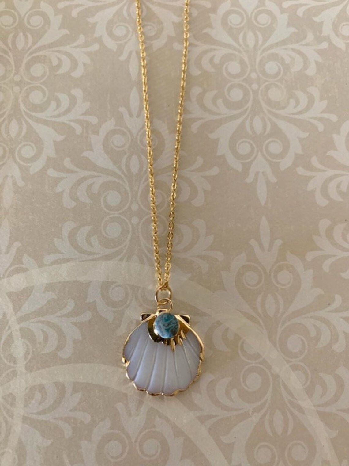 Shell and Blue Stone Necklace, Shell Necklace, Scallop Shell Pendant ...