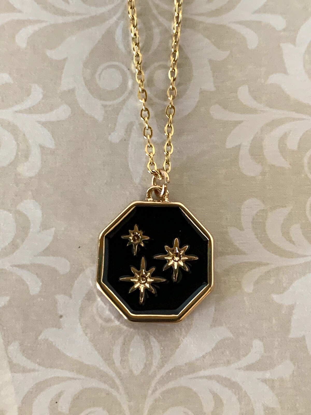 Stars on Black Octagon Necklace, Gold Stars Necklace, Stars Necklace ...