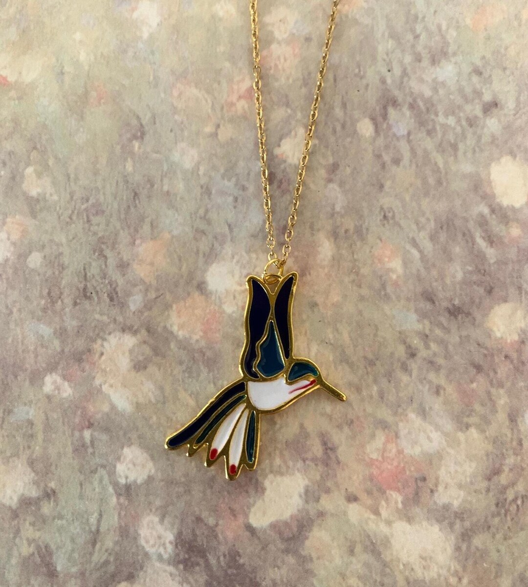 Gold and Faux Stained Glass Hummingbird Necklace, Hummingbird Necklace ...