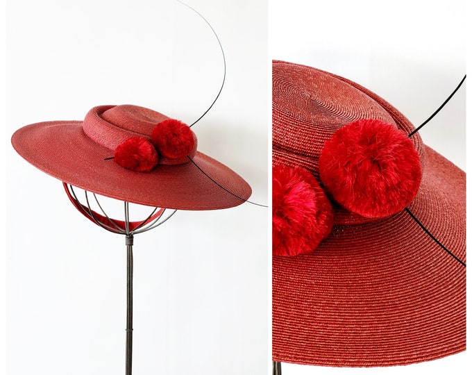 Vintage 1940s Red Formal Wide Brim Straw Tilt Hat With Decorative ...