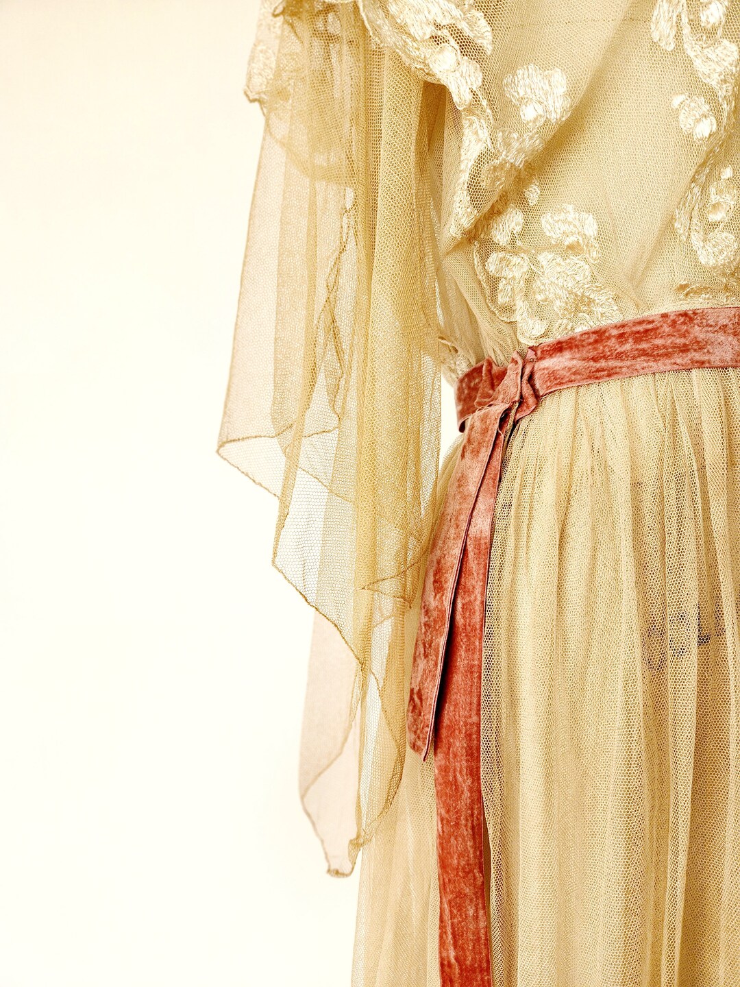 Antique 1910s Gossamer Sheer Net Fabric Dress With Embroidered Floral ...