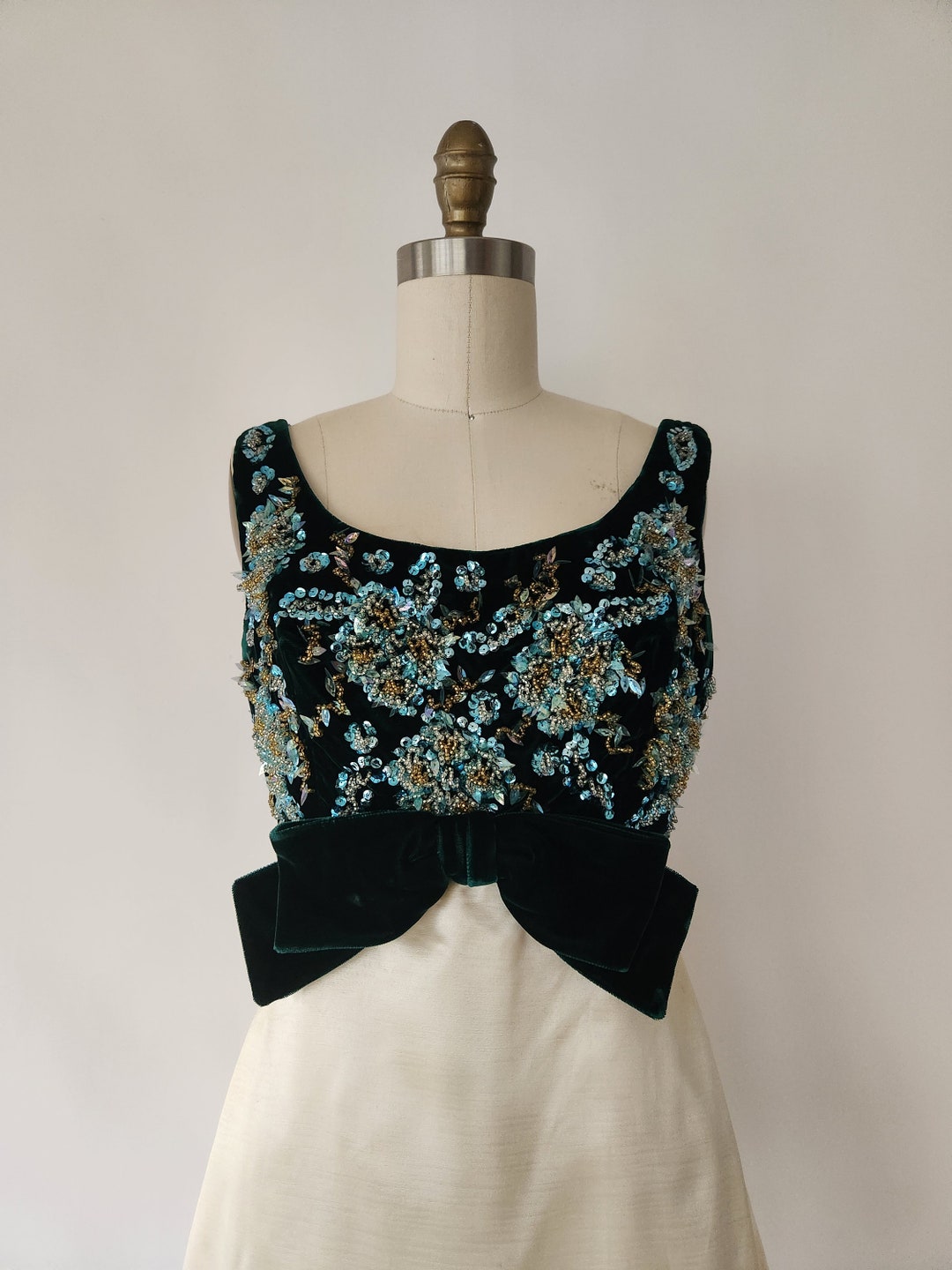 Vintage 1960s Aqua Green Velvet and Cream Satin Silk Micro Mini ...