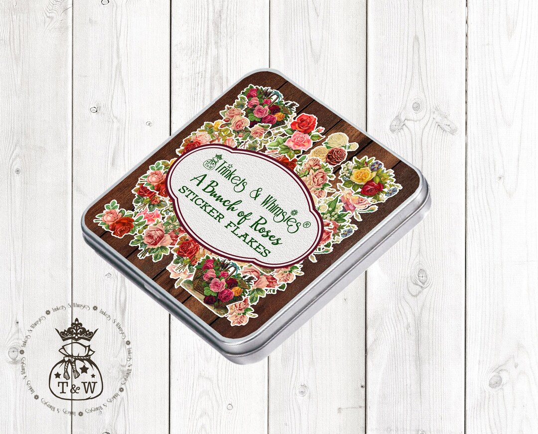 A Bunch of Roses Sticker Flakes in a Tin Can | Roses Die Cut Stickers ...