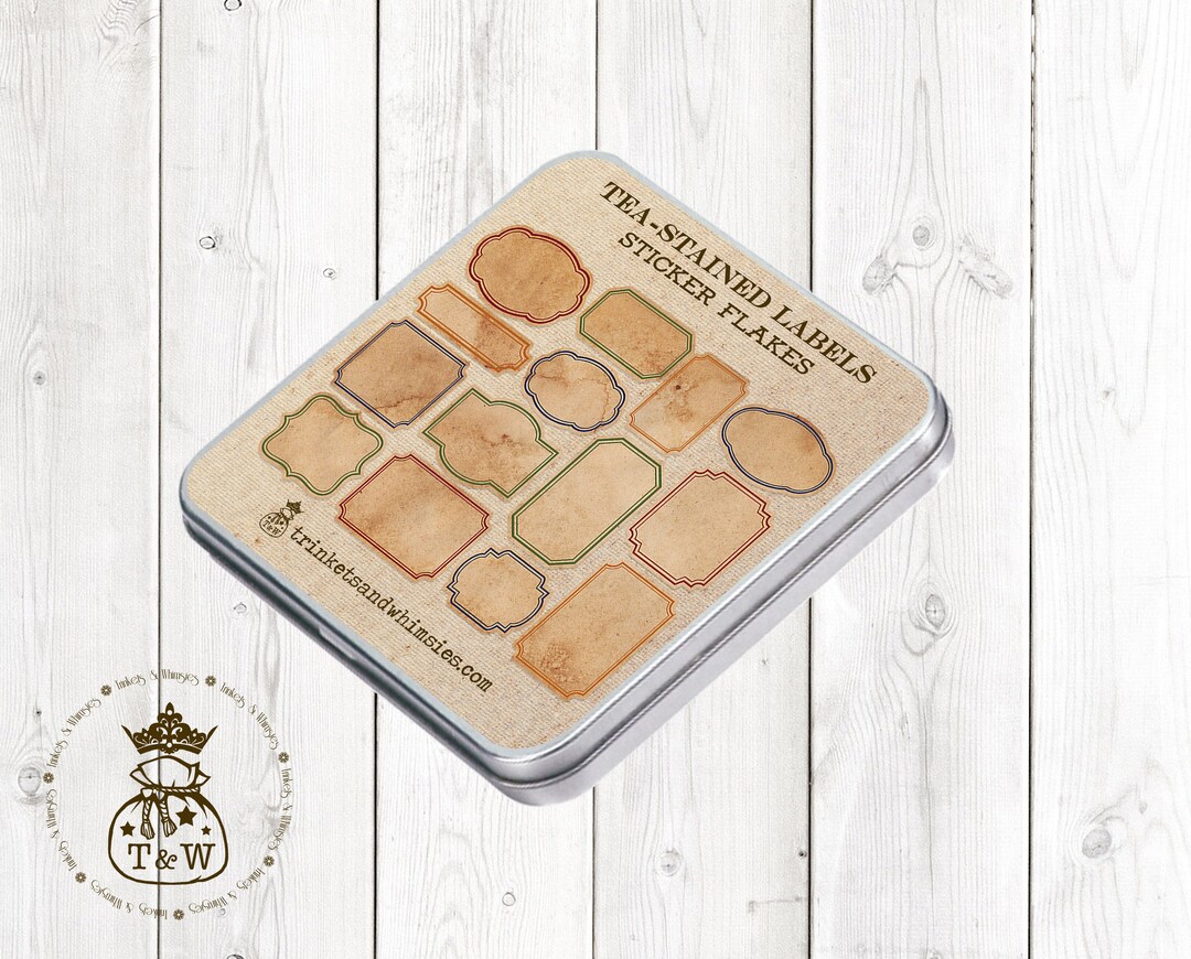 Stained Labels Sticker Flakes in a Tin Can | Vintage Style Stickers - Etsy