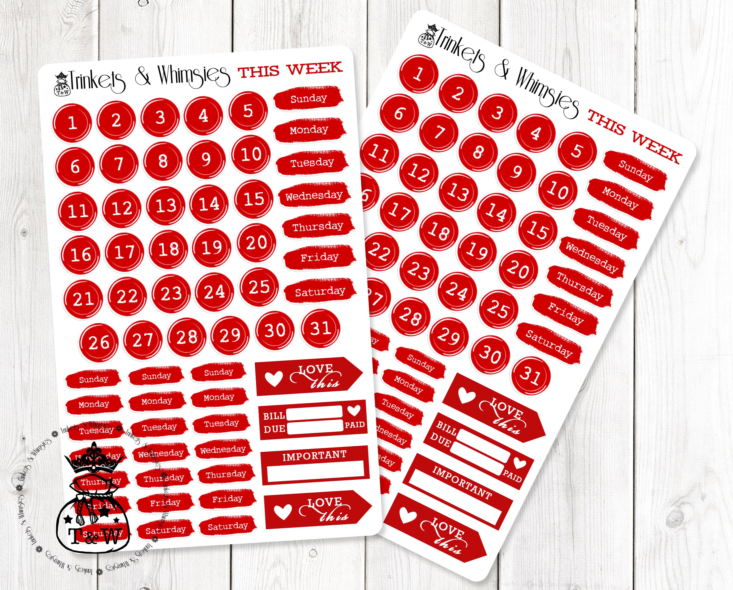 This Week Calendar Dates Days of the Week Dates Stickers | Etsy