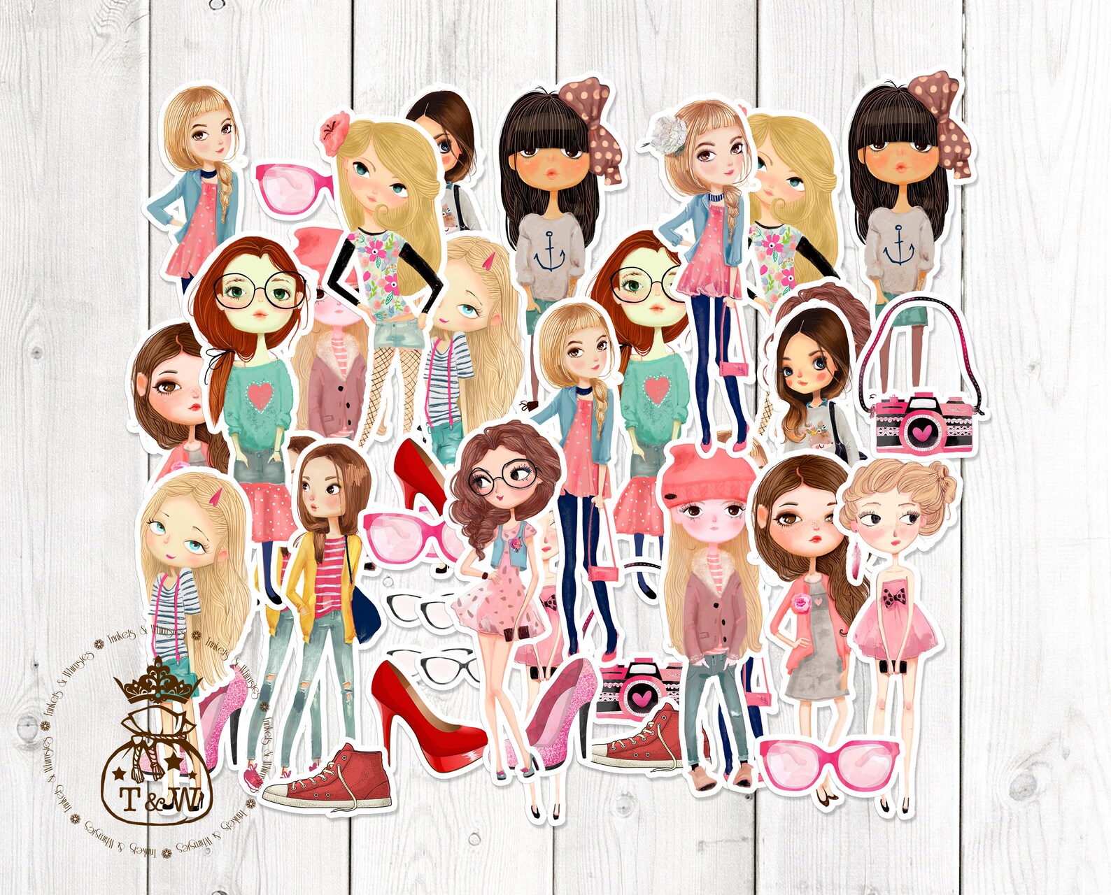 Casual Outfit Sticker Flakes in a Tin Can | Cute Girls Die Cut Stickers ...