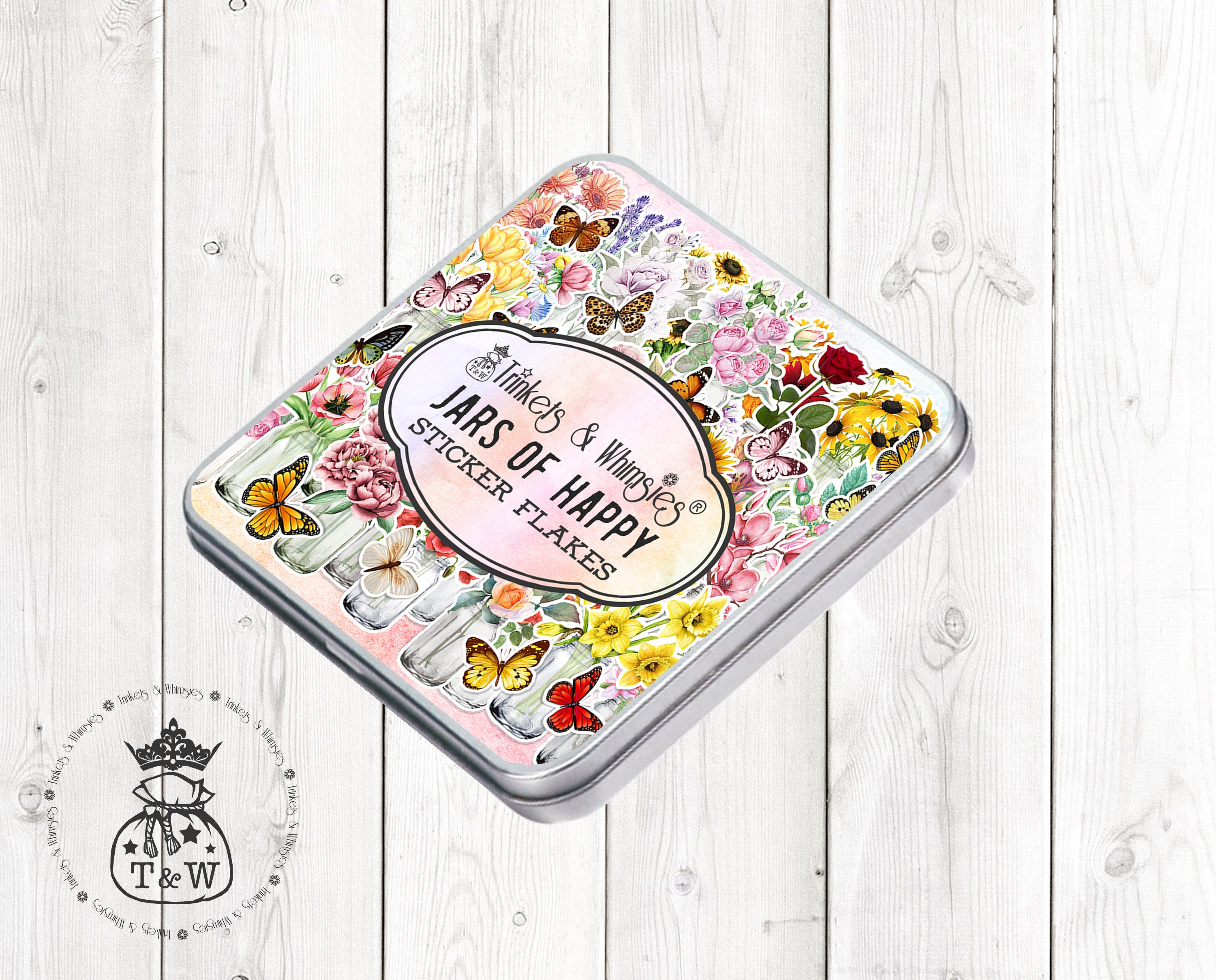 Jars of Happy Sticker Flakes in a Tin Can | Flowers in Mason Jar Die ...
