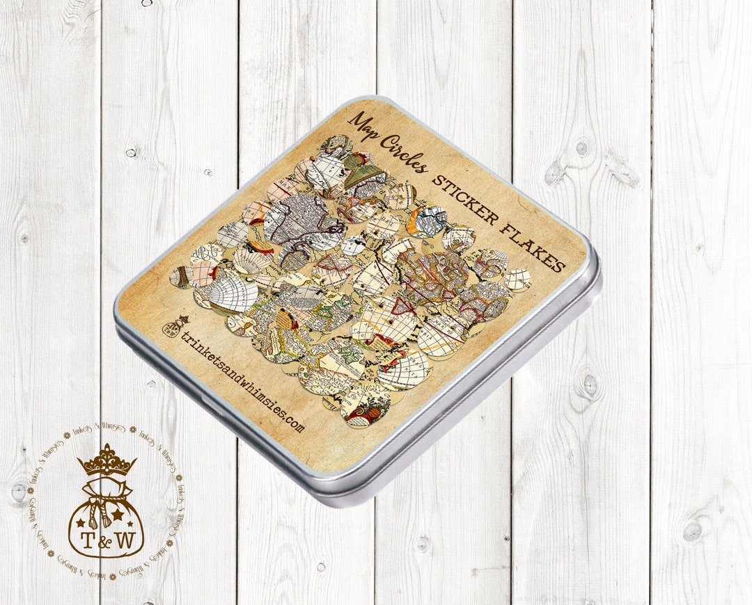 Map Circles Sticker Flakes in a Tin Can | Map Die Cut Stickers in a Tin ...