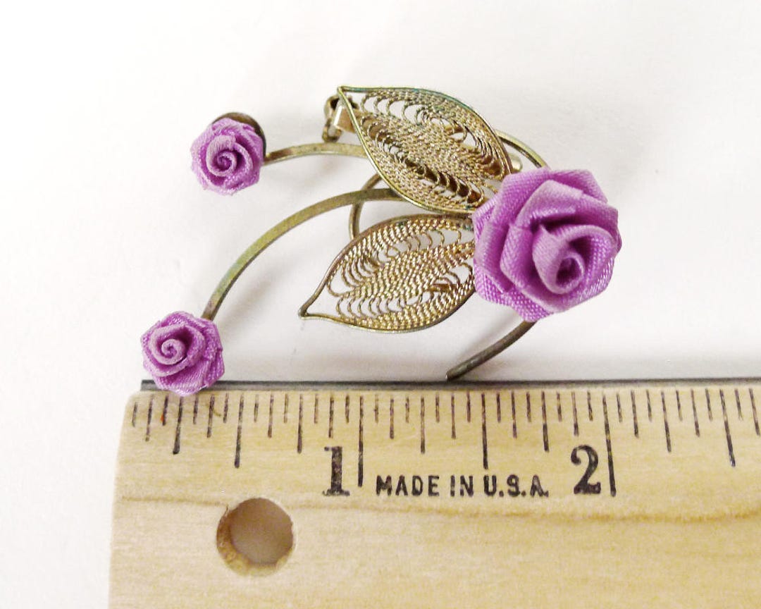 Lilac Purple Rose Pin is Quilled Gold Tone Metal and 3 Fabric Roses ...