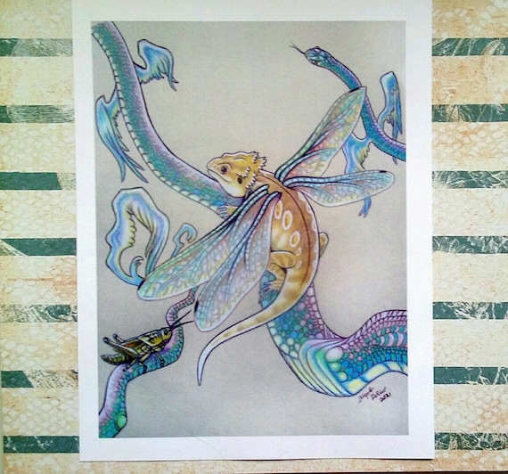Bearded Dragon Fantasy Art Print Dragonfly | Etsy