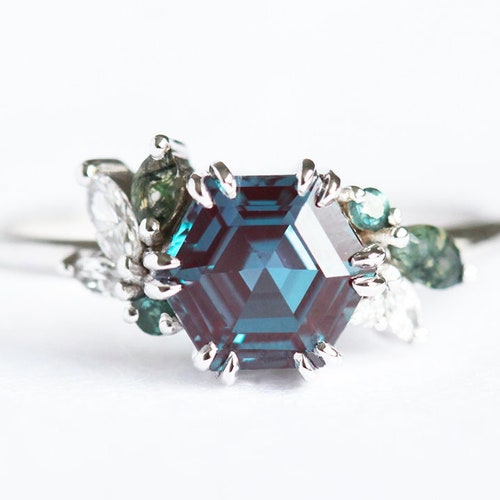 Hexagon Alexandrite Cluster Ring Hexagon Moss Agate Cluster - Etsy