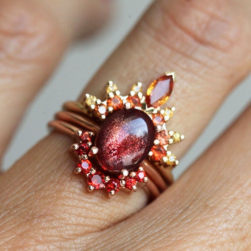 Oregon Sunstone Ring Set Round Gemstone Engagement Ring With - Etsy