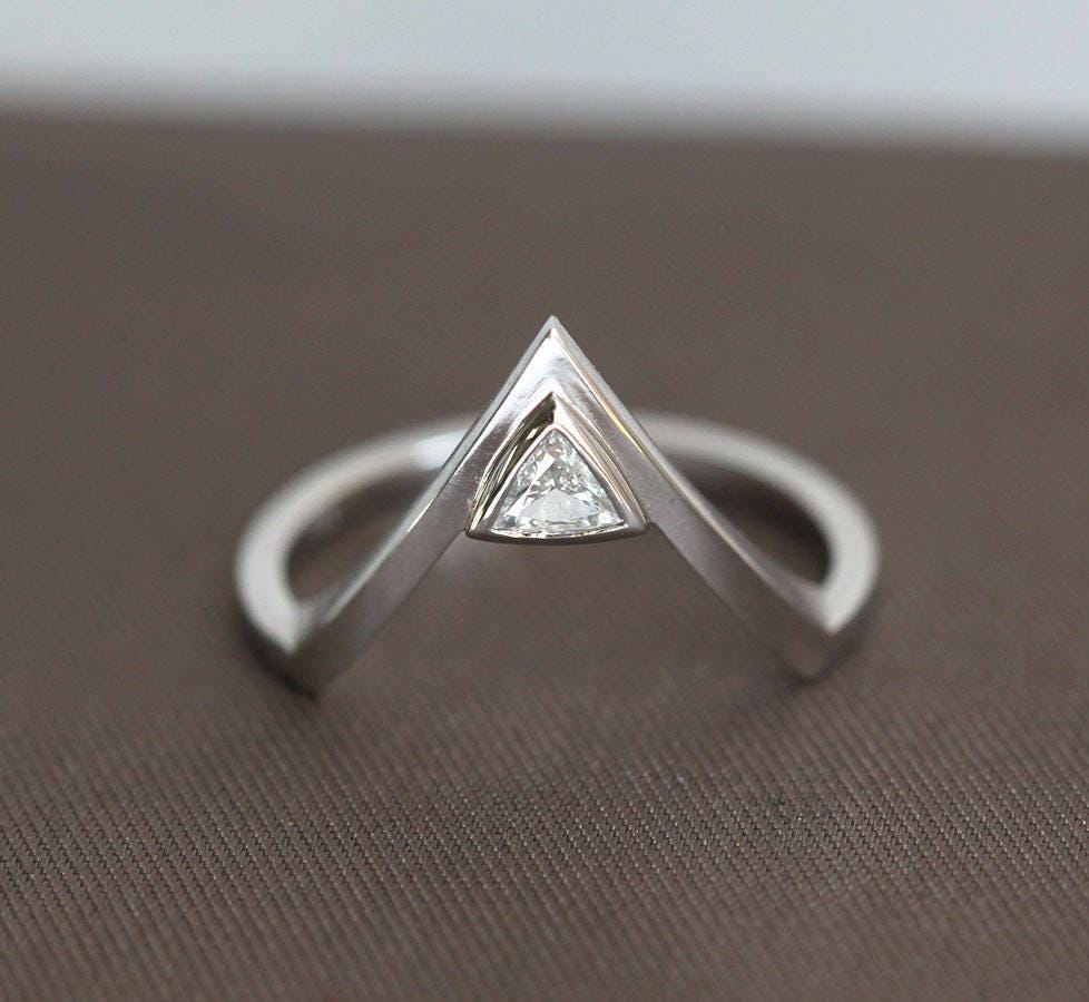 Modern Trillion Diamond Ring, Nesting Wedding Band, Curved Matching ...