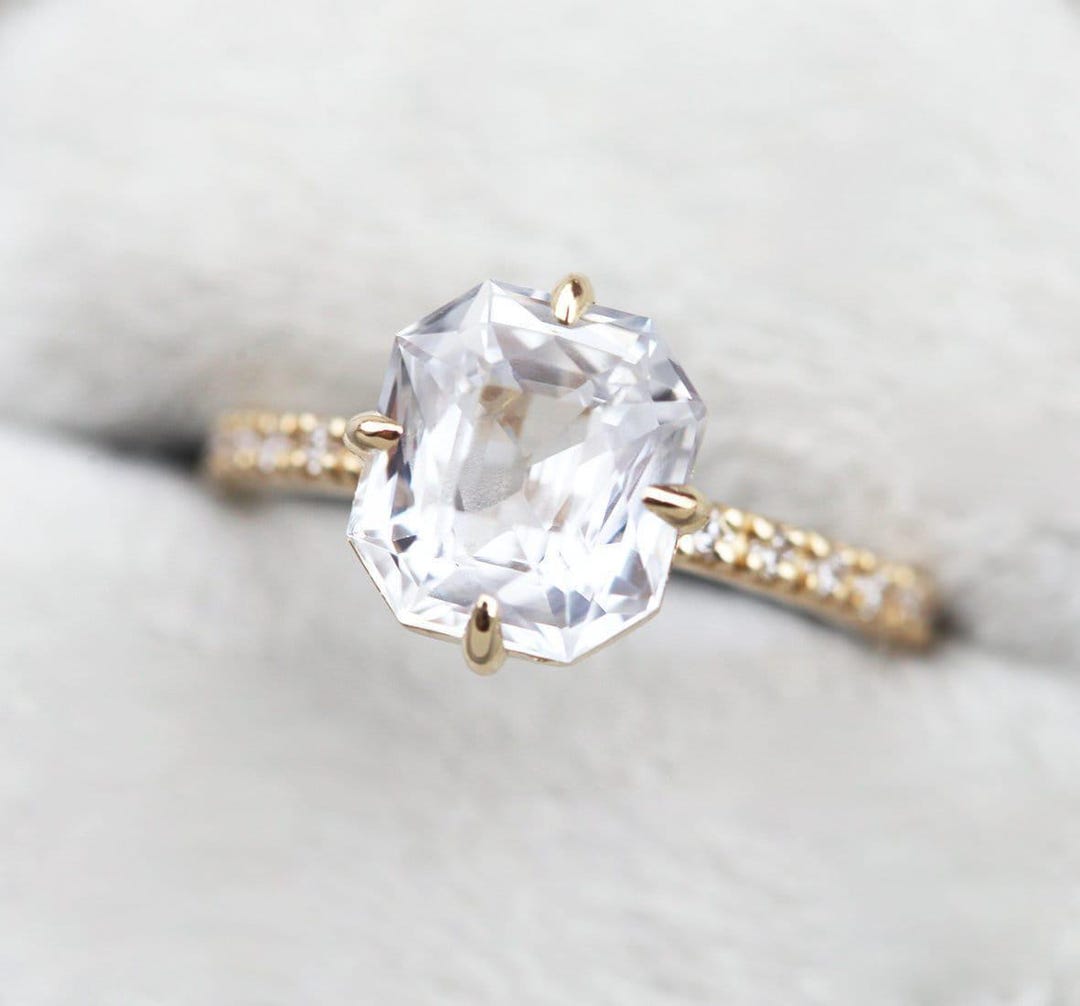 White Sapphire Ring, Sapphire Engagement Ring, Radiant Cut Sapphire ...