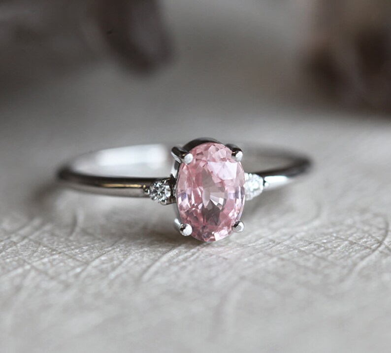 Light Peach Sapphire Ring Three Stone Engagement Ring in | Etsy