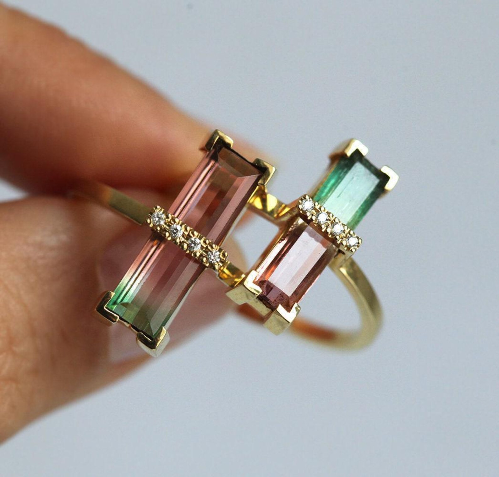 Watermelon Tourmaline Ring, Unique Engagement Ring, Baguette Bicolor ...