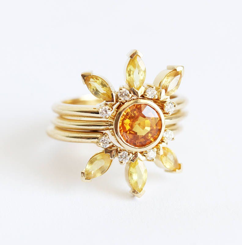 Bohemian Engagement Ring Set Orange Sapphire Ring Gold Sun | Etsy