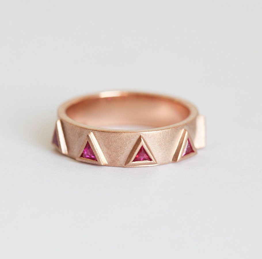 Rose Gold Ruby Ring Unique Ruby Wedding Band With Trillion | Etsy