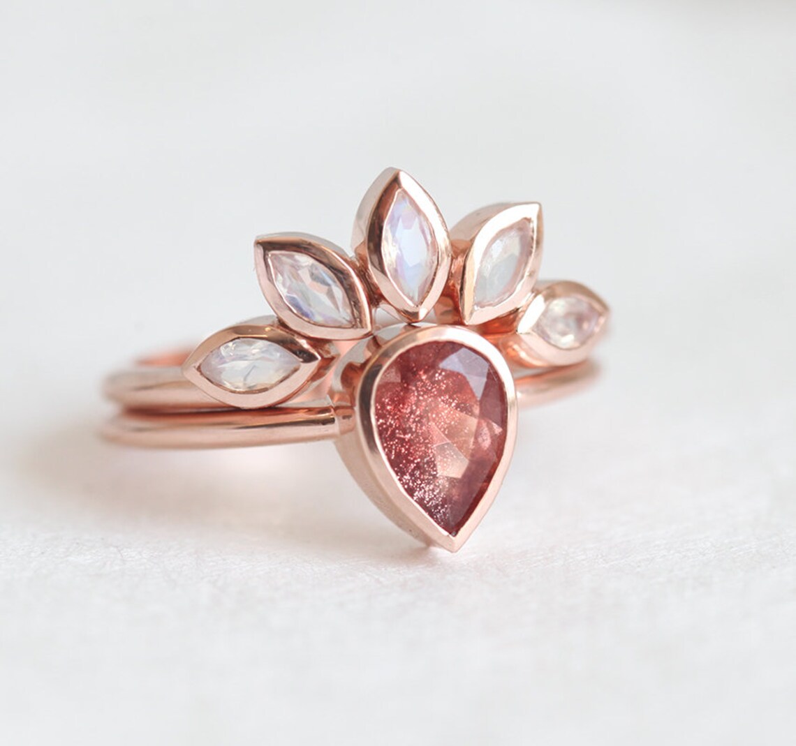 Sunstone Ring Set Oregon Sunstone Engagement Ring Moonstone | Etsy