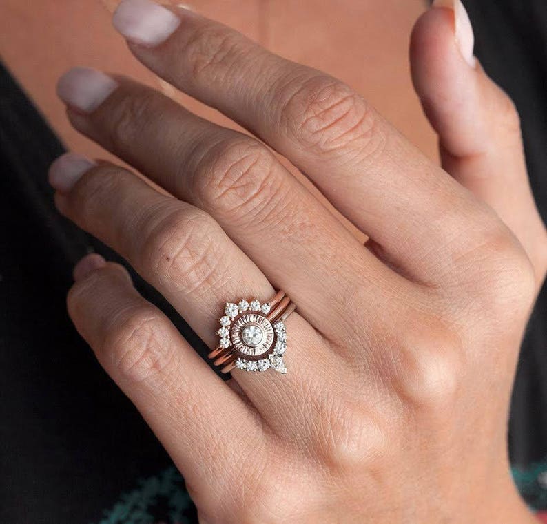 Sunset Ring Set Diamond Sun Ring with Curved Diamond Crown | Etsy