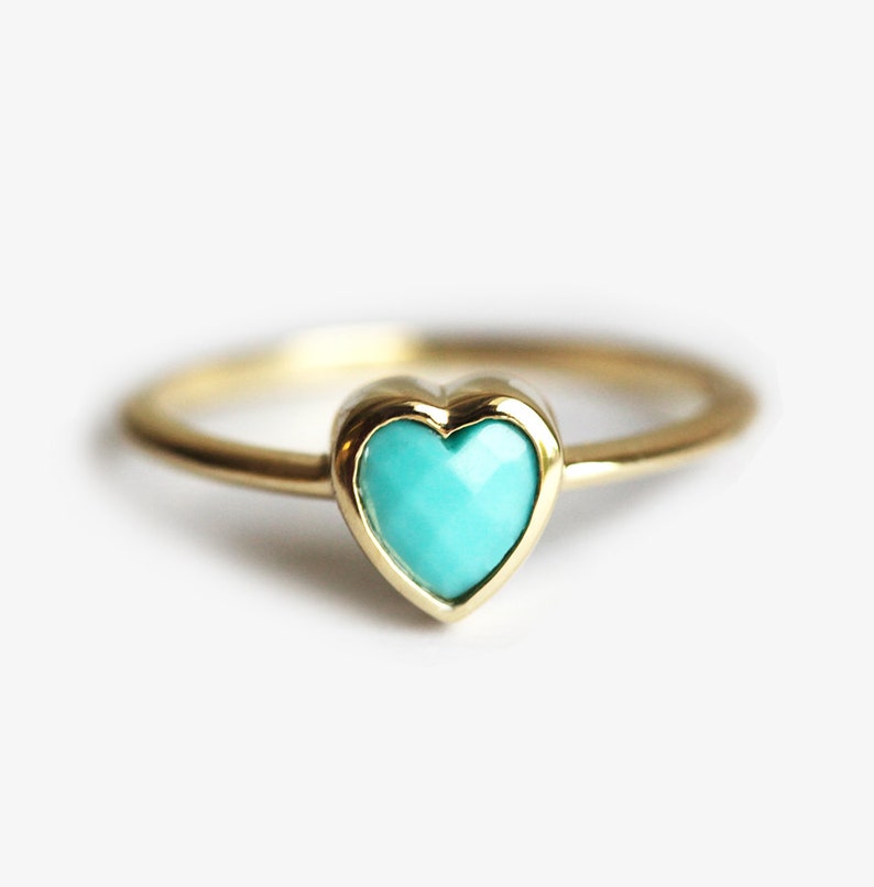 Turquoise Heart Ring Solid Gold Band With Heart Shaped 4 5mm Etsy