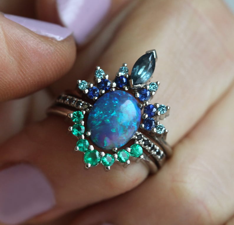 Black Opal Ring Set Unique Engagement Set Teal Blue Wedding - Etsy
