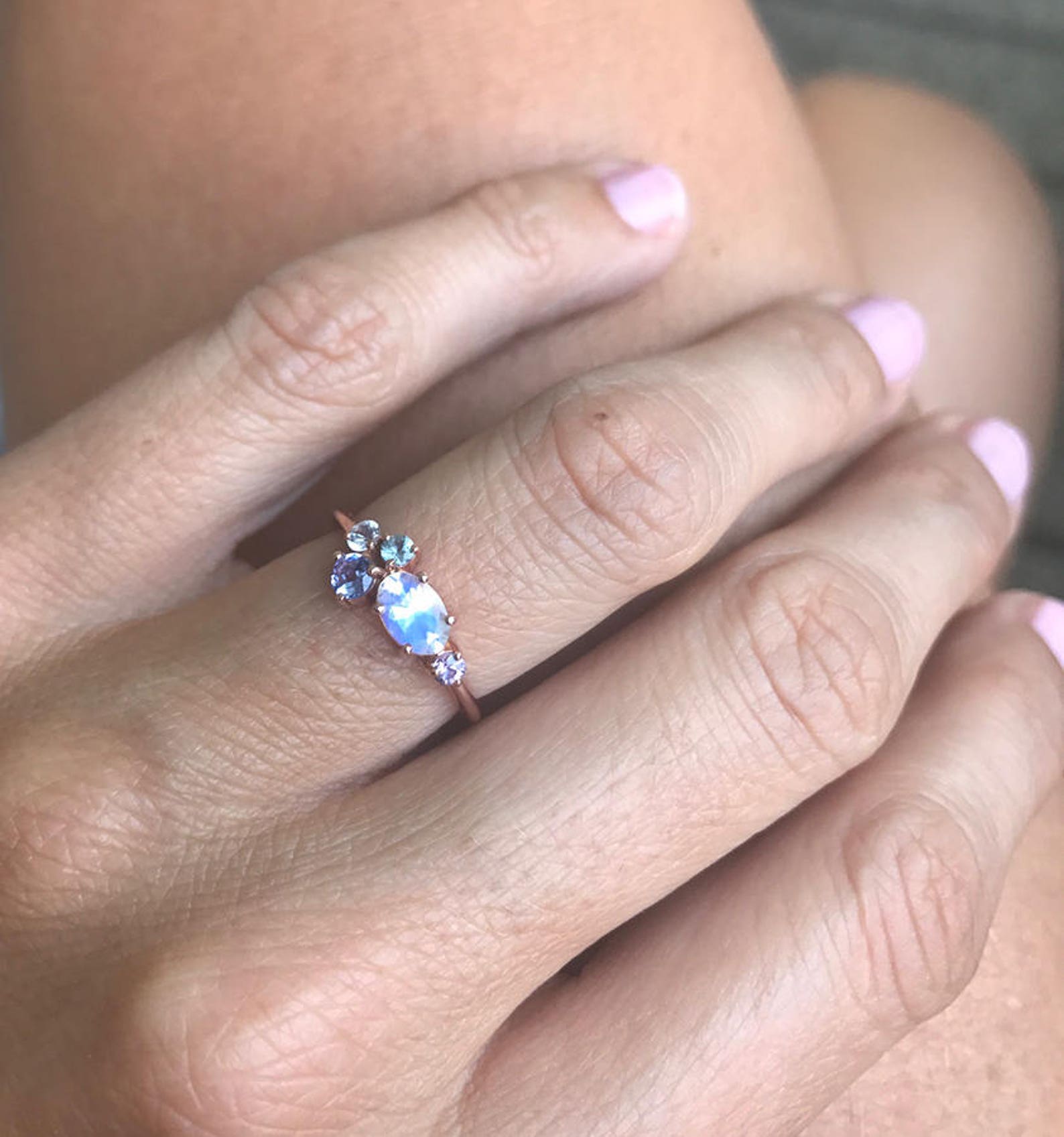 Oval Moonstone Cluster Ring Sapphire Engagement Ring in 14k - Etsy
