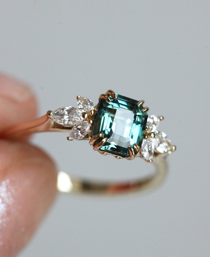 Teal Sapphire Ring Emerald Cut Engagement Ring Accent | Etsy