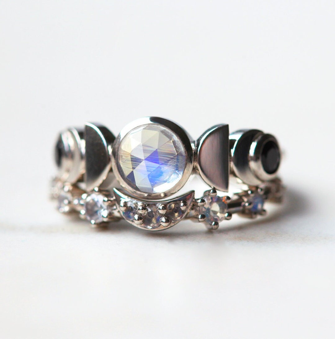 Unique Moonstone Ring Set, Moon Phase Engagement Ring Set, Moon ...