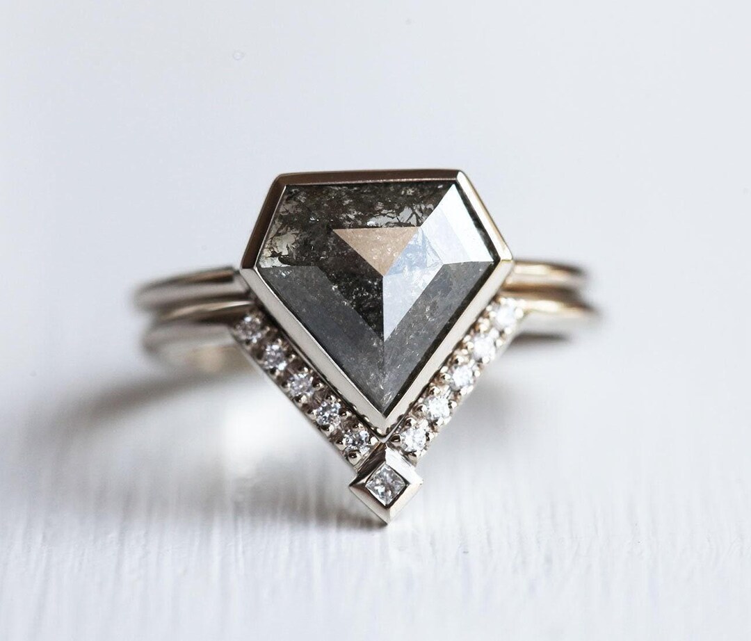 Shield Diamond Ring Set, Salt Pepper Diamond Ring Set With Shield ...