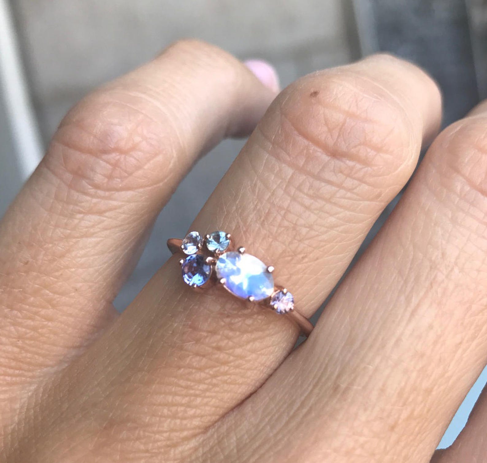 Oval Moonstone Cluster Ring Sapphire Engagement Ring in 14k - Etsy