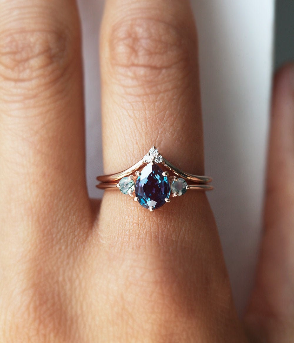 Pear alexandrite ring Three stone engagement ring | Etsy