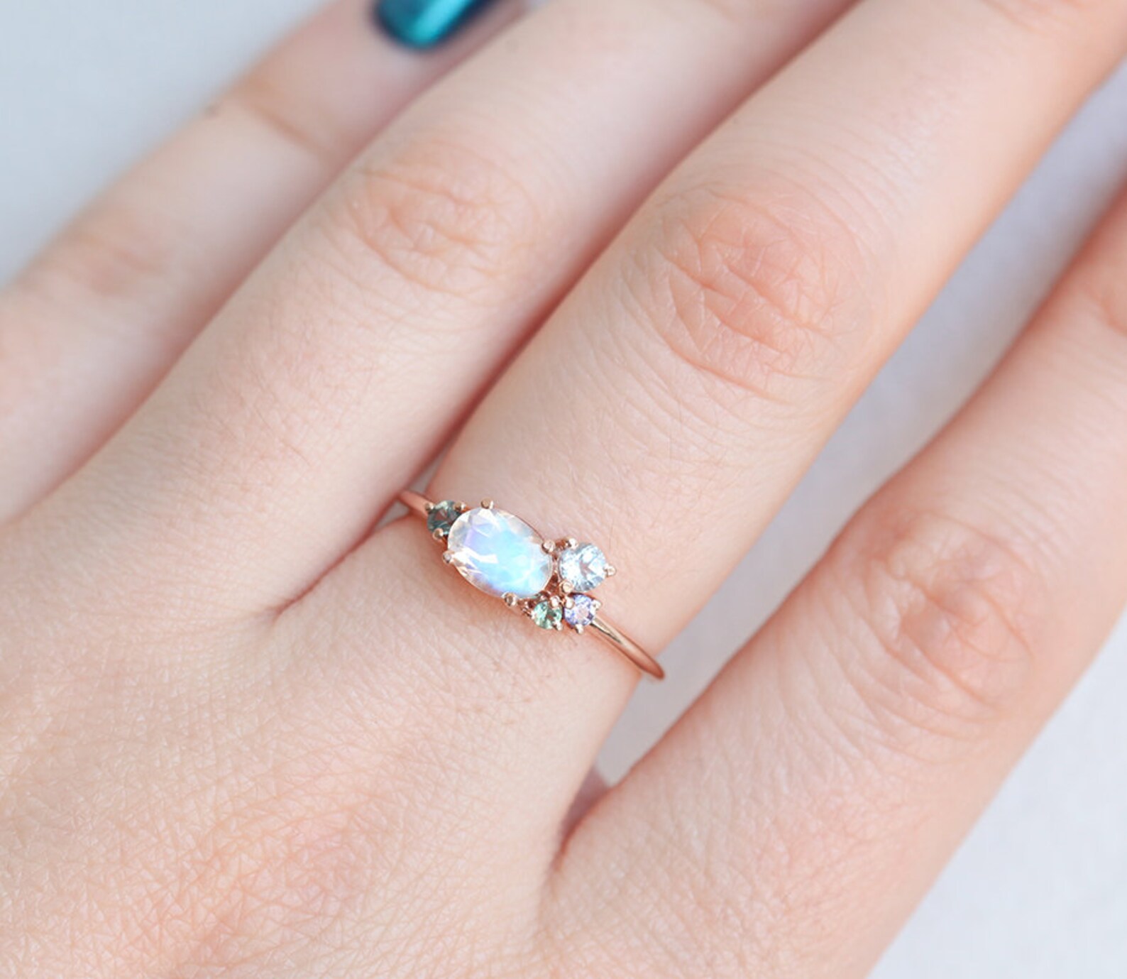 Rose Gold Moonstone Ring Cluster Engagement Ring With - Etsy