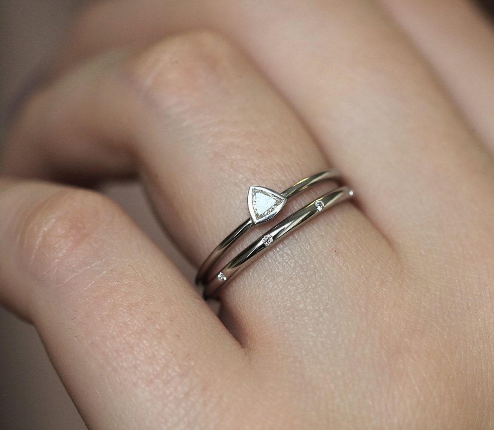 Delicate Diamond Ring Set, Wedding Ring Set, Trillion Diamond Ring ...