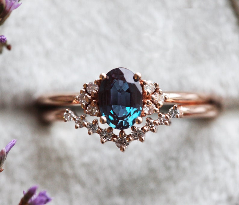 Alexandrite Engagement Ring Set Chatham or Lab Alexandrite & - Etsy