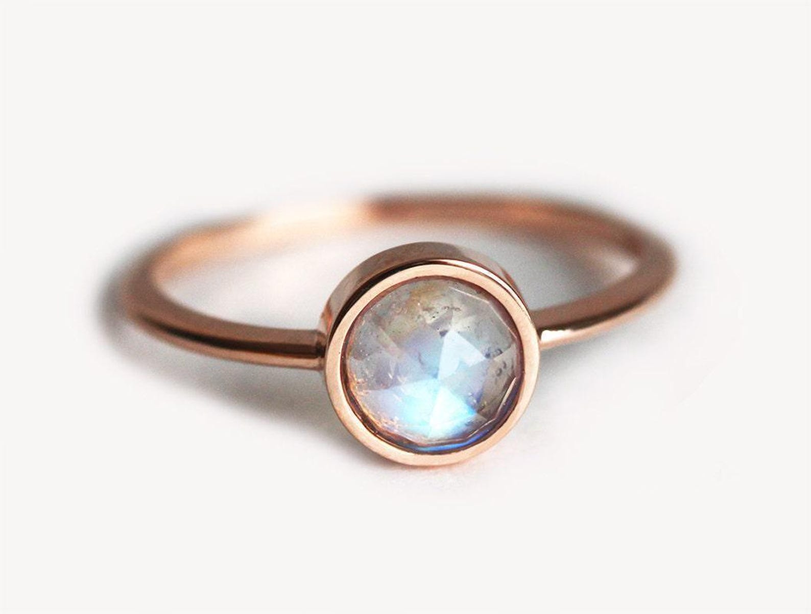 Round Moonstone Ring, Solid Gold Band With Rose Cut 6mm Round Blue ...