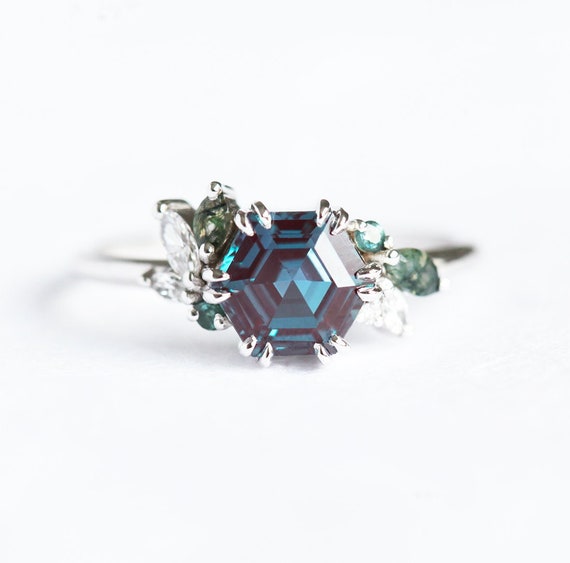 Hexagon Alexandrite Cluster Ring Hexagon Moss Agate Cluster - Etsy
