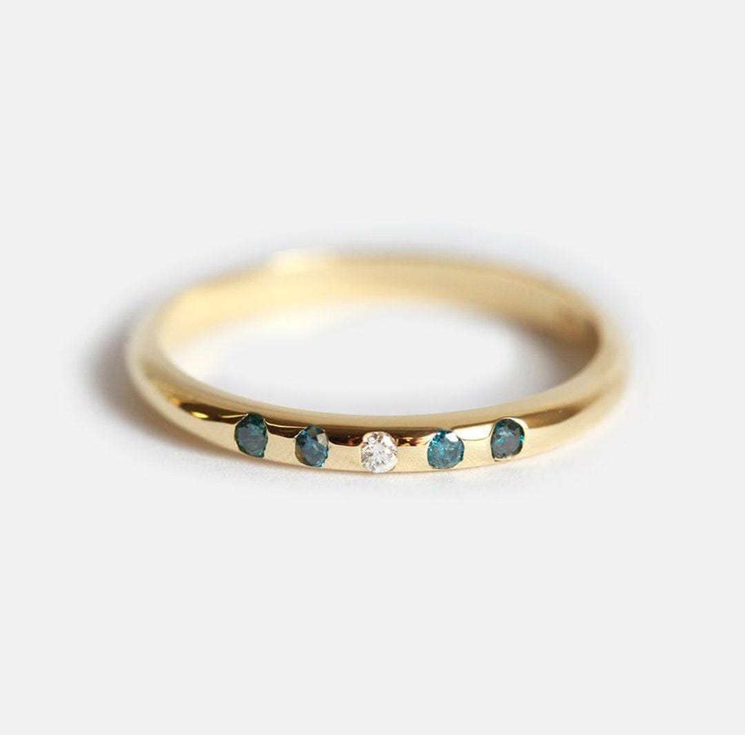Blue & White Diamond Ring, Simple Wedding Band, Five Stone Stacking ...