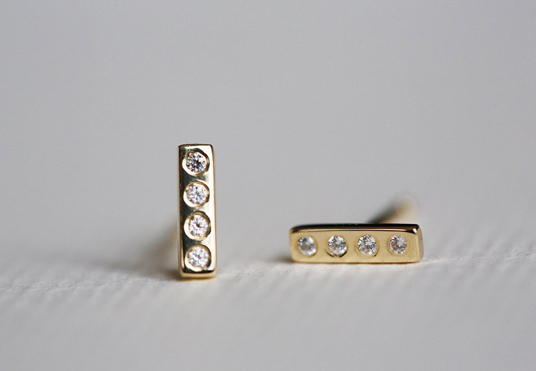 Gold Earrings, 14k Gold Diamond Stud Earrings, Bar Studs, Simple Studs ...