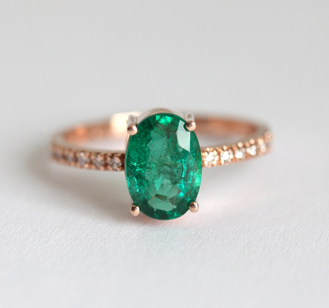 2ct Emerald Ring, Oval Emerald Engagement Ring, Oval Rose Gold Ring ...