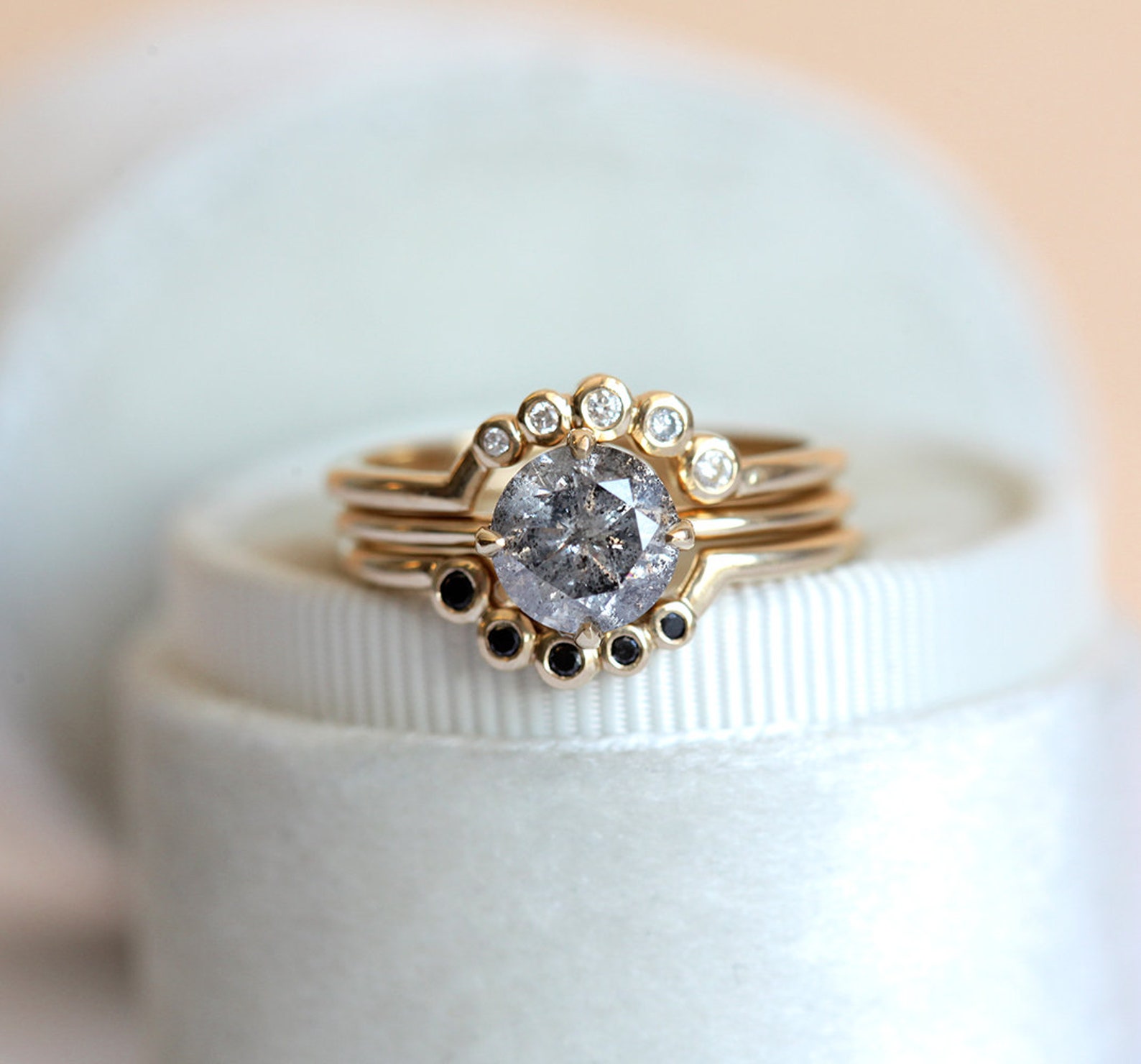 Celestial Diamond Ring Set Salt Pepper Diamond Engagement - Etsy