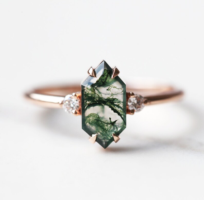 Moss Agate & Diamond Engagement Ring Unique Mossy Ring - Etsy