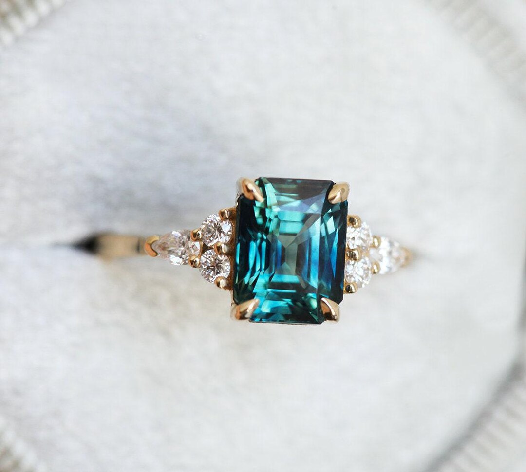 Blue Green Sapphire and Diamond Ring, Radiant Cut Sapphire Engagement ...