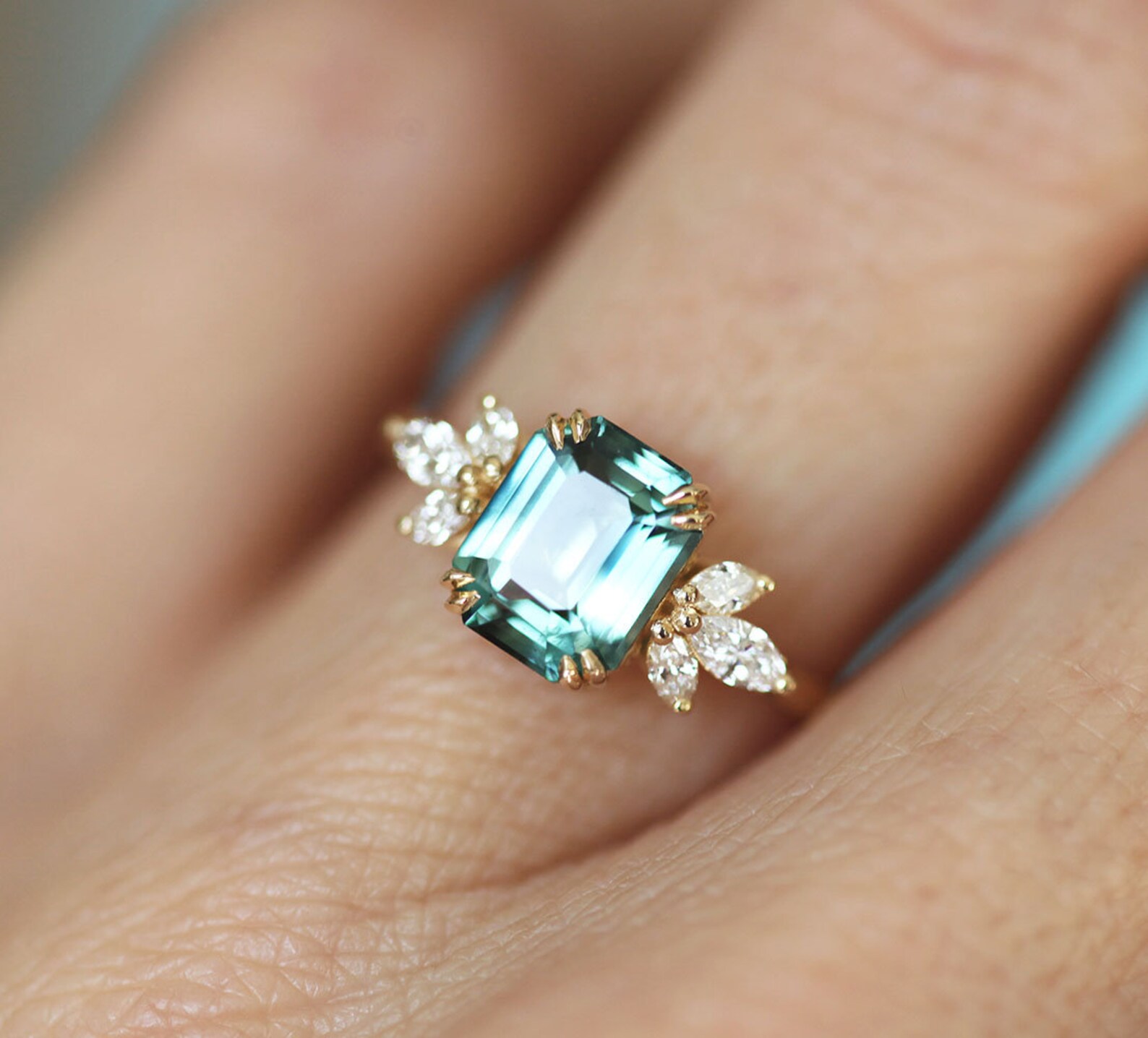 Teal Sapphire Ring Emerald Cut Engagement Ring Accent | Etsy
