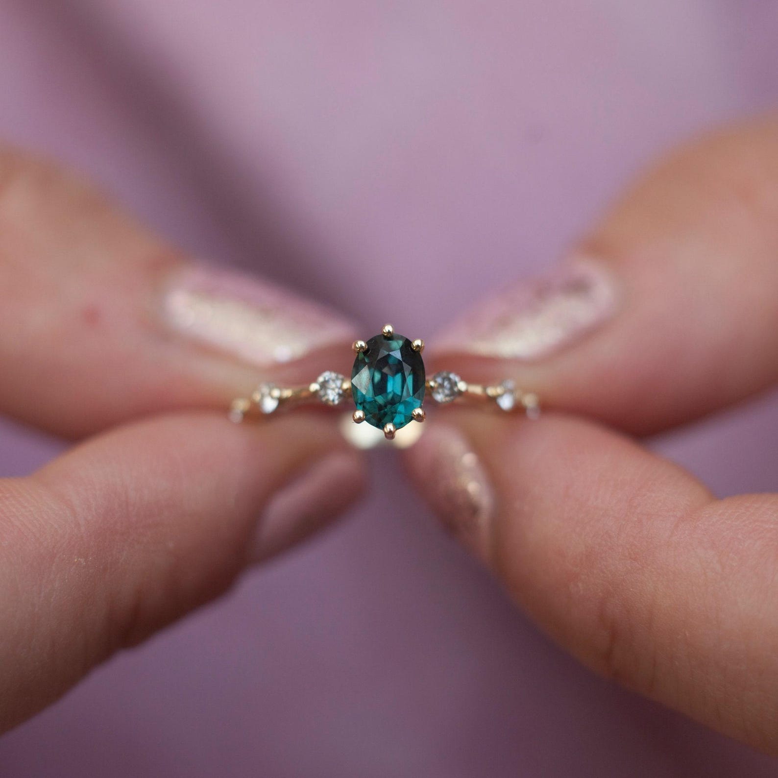 Greenish Teal Sapphire Ring, Sapphire Engagement Ring, Salt Pepper ...