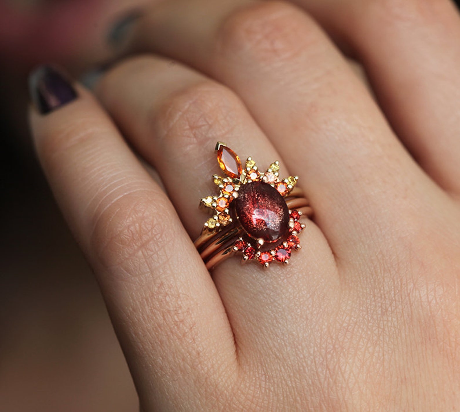 Flame Sunstone Ring Set With Oval Oregon Sunstone and Red - Etsy Canada