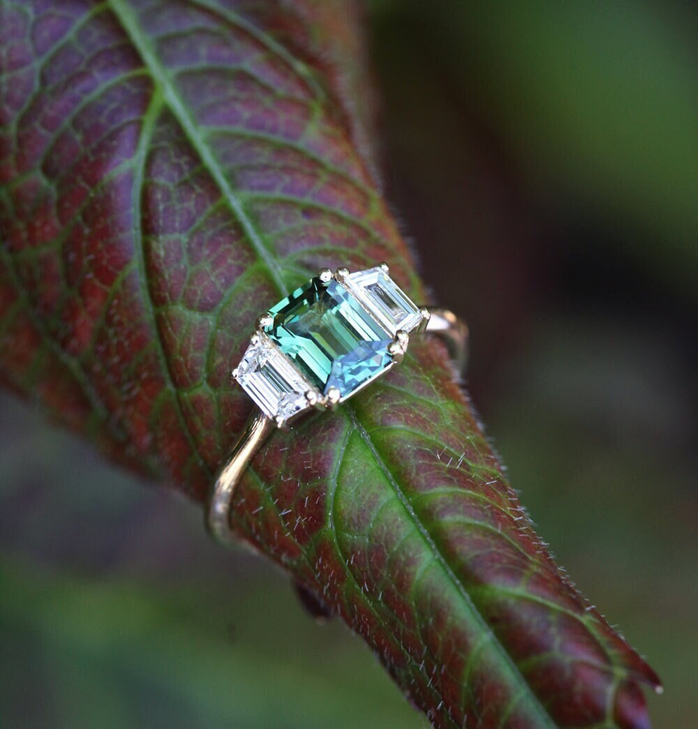 Green Emerald Cut Sapphire Ring Three Stone Sapphire Ring Art | Etsy