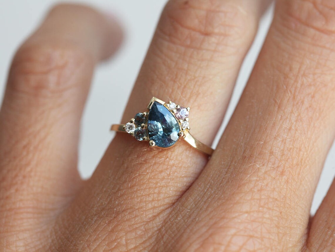 Blue Pear Sapphire Engagement Ring Sapphire Cluster Ring 18k - Etsy