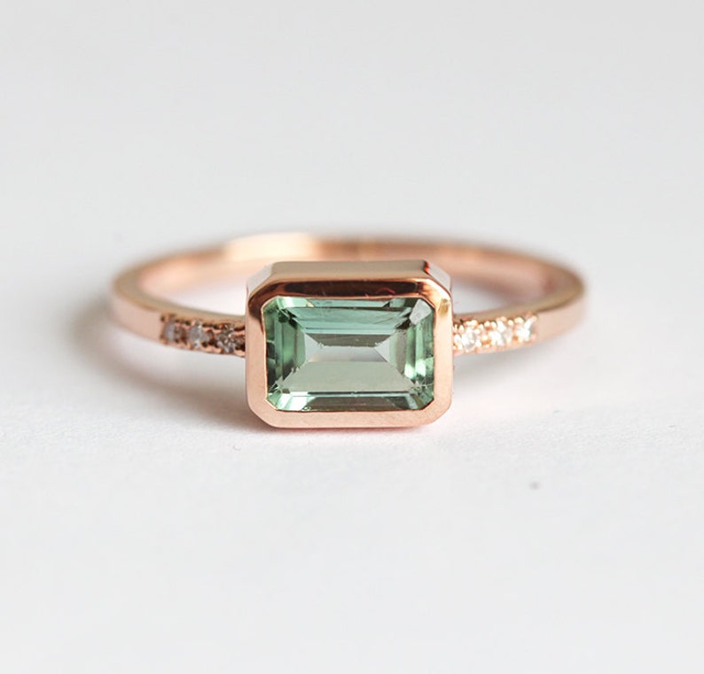 Tourmaline & Diamond Engagement Ring Green Emerald Cut Ring - Etsy