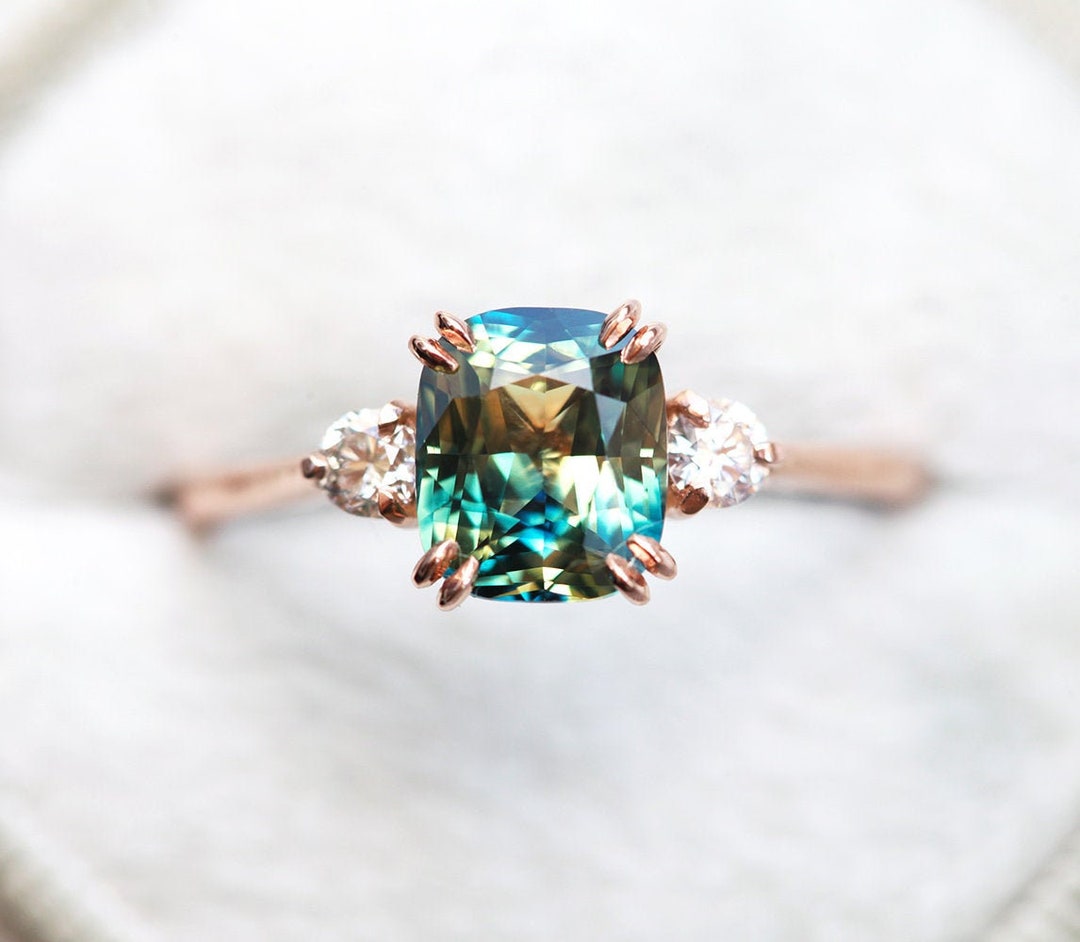 Bi Color Sapphire Ring, Sapphire Cushion Ring, Three Stone Diamond Ring ...